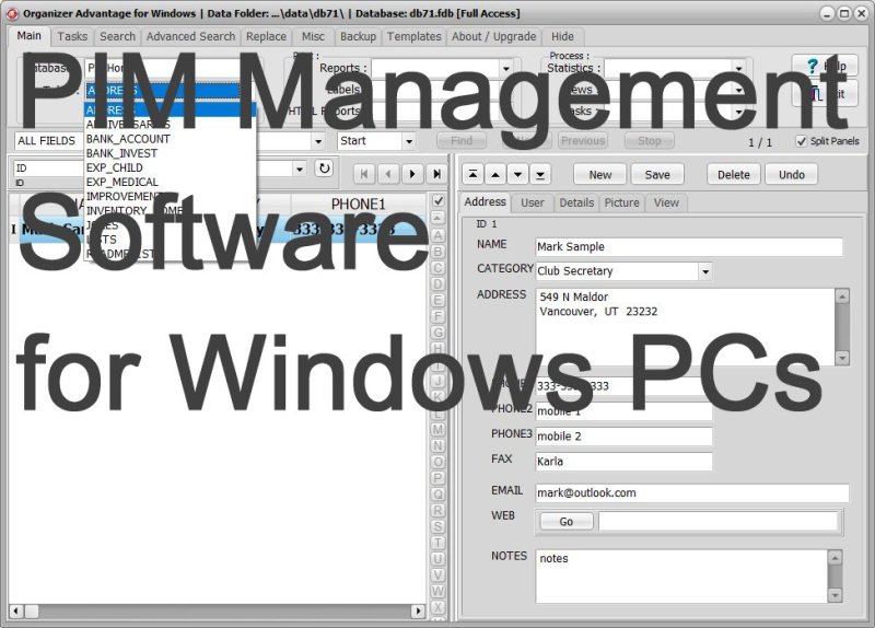 PIM Home Organizer Advantage, pim-home data management software for Windows