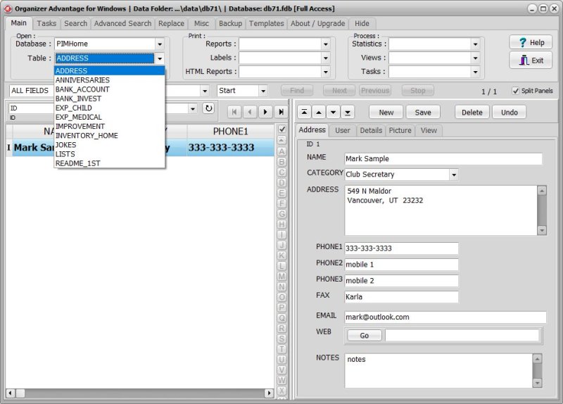 PIM Home Organizer Advantage, pim-home data management software for Windows