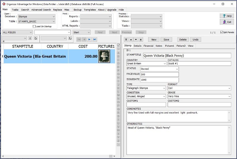 Stamp Organizer Advantage, stamp data management software for Windows