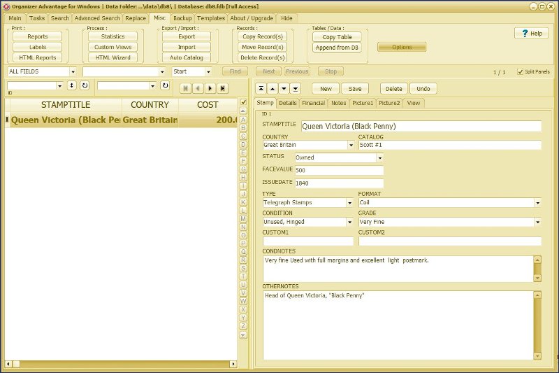 Stamp Organizer Advantage, stamp data management software for Windows